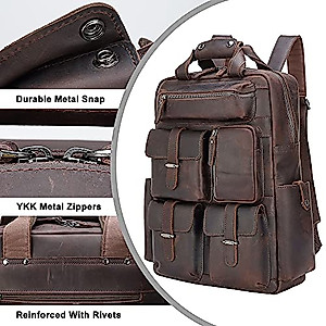 TIDING Men's Vintage Genuine Leather 15.6 Inch Laptop Backpack Multi Pockets School Travel Daypack