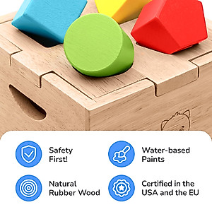Bimi Boo Wooden Shape Sorter Toy for Babies - Classic Montessori Shape Sorter with Noise-Reducing Silicone Pad - Perfect Sorting Toy for Toddlers (8 Various Blocks, 1 Box, 1 Silicone Pad)