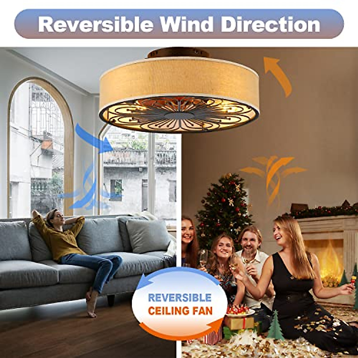 HUOGME 20" Caged Ceiling Fan with Light : Low Profile Fabric Farmhouse Remote Control Flush Mount Enclosed Ceiling Fan with Light for Bedroom Living Room Kitchen Indoor (Ginger)