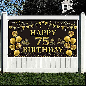 Trgowaul 75th Birthday Backdrop Gold and Black 5.9 X 3.6 Fts Happy Birthday Party Decorations Banner for Women Men Photography Supplies Background Happy Birthday Decoration