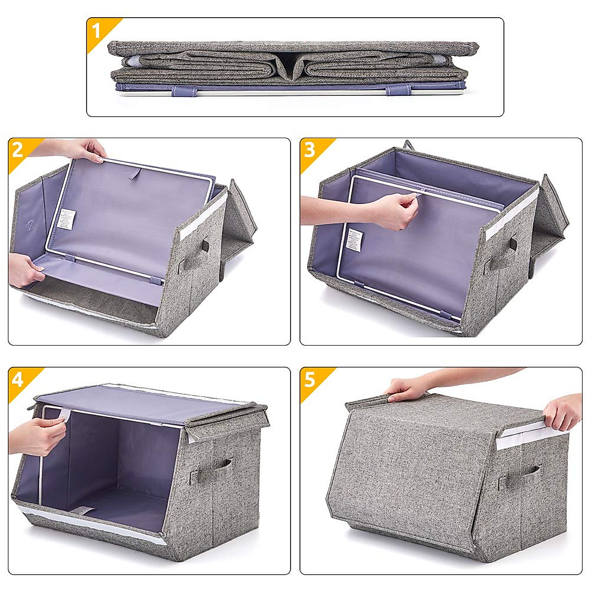 EZOWare Stackable Storage Bins with Lid, Set of 2 Lidded Linen Fabric Foldable Organizer Baskets Containers With Handles 16.5 x 11 x 10 inch, Gray