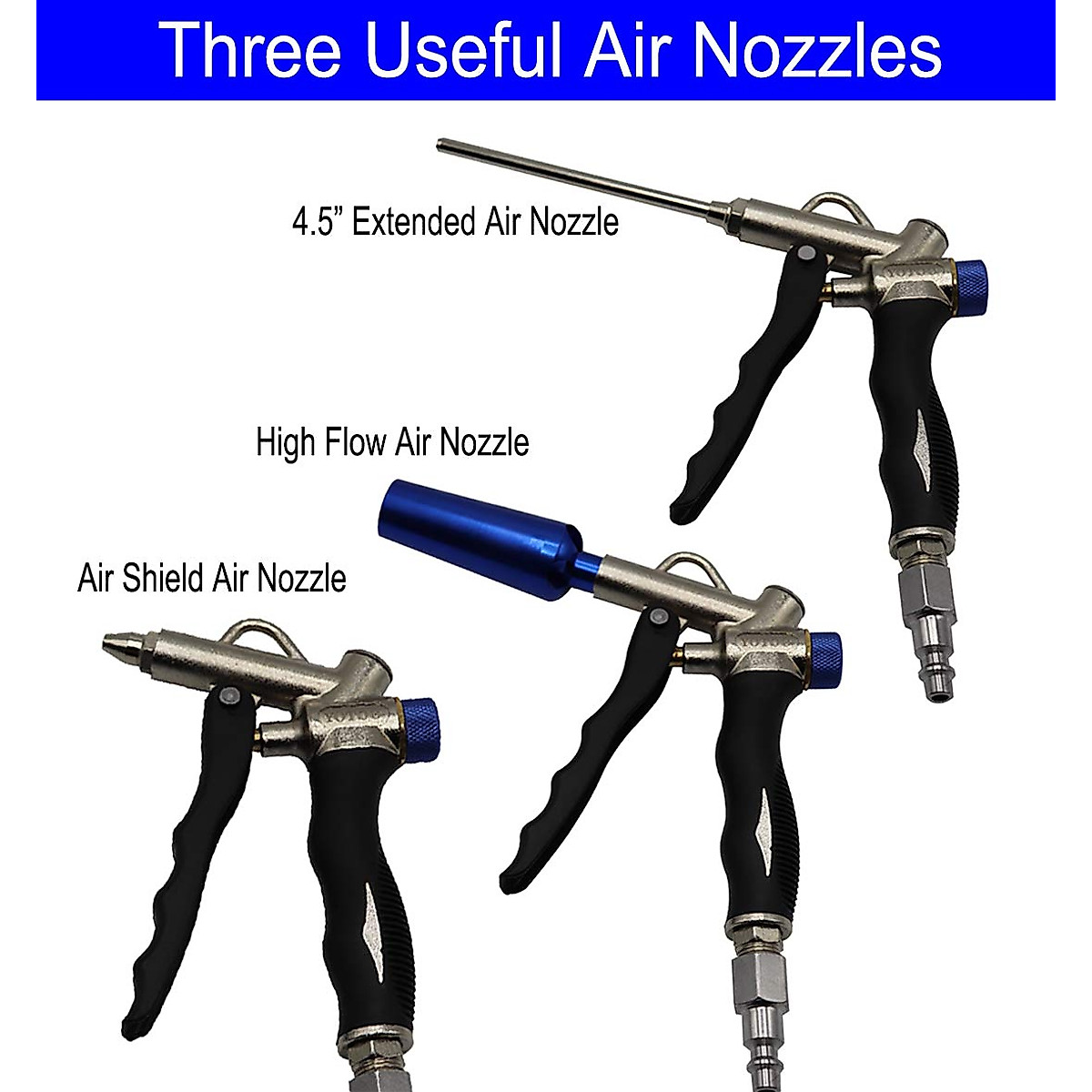 YOTOO 2-Way Air Blow Gun kit with Adjustable Air Flow, Extended Nozzle, High Flow Nozzle and 1/4" NPT Female Quick Plug