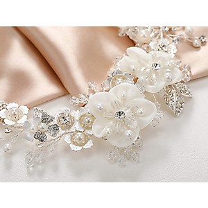 SWEETV Flower Girl Headpiece Ivory Tulle Flowers Wedding Headband for Girls, Princess Pearl Hair Accessories for Birthday Party, First Communion