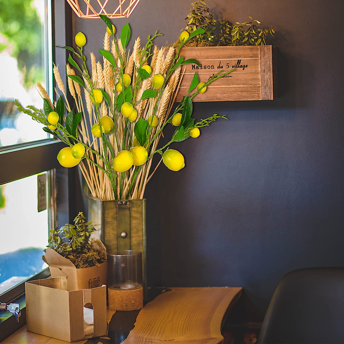 Waydress 3 Pieces Artificial Lemon Branches Fake Yellow Lemon with Green Leaves Decor Lifelike Fake Lemon Branch Props for Party Home Garden Decoration, 32 Inch