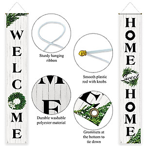 Allenjoy Boxwood Welcome Decorations Sign Home Sweet Home Porch Banner Vertical Haning Wall Door Decor White Wood Farmhouse Outdoor Indoor 11.8x70.9 Inch Home Event Front Yard Party Supplies 2PCS