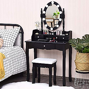 ReunionG Makeup Vanity Set with Lighted Swivel Mirror, 2 in 1 Dressing Vanity Table w/Removable Top, 10 Dimmable Bulbs, 3 Storage Drawers, Wooden Vanity Table Set, Best Gift for Women Girls (Black)