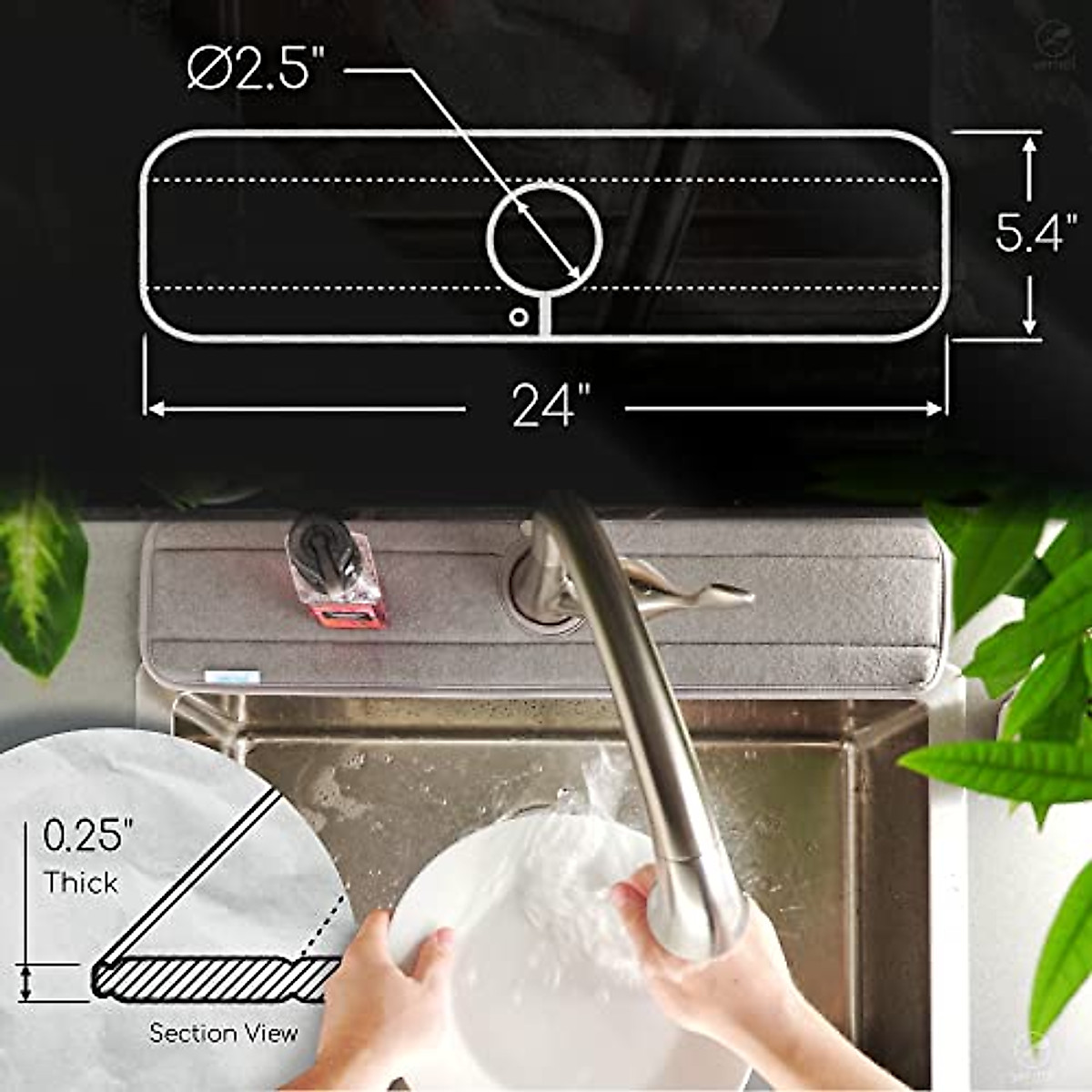 Ternal Sinkmat for Kitchen Faucet, Original Design, Absorbent Microfiber Fabric, Machine Washable Splash Guard & Drip Catcher For Around Faucet Handle [Grey, XL, 1 Pack]