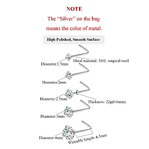 FANSING 5pcs 22g Surgical Steel Nose Rings Studs 1.5mm 2mm 2.5mm 3mm 4mm CZ Diamond Nose Studs Cubic Zirconia Nose Stud Silver L Shaped Nose Studs for Women Nostril Piercing Jewelry 22 Gauge