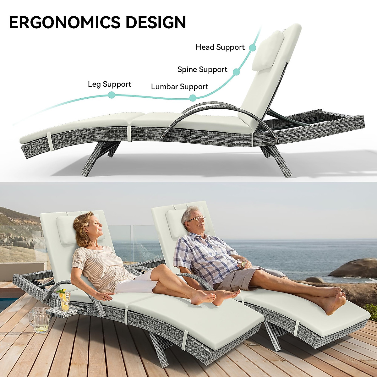 YITAHOME Patio Chaise Lounge Chair Set of 2, Wicker Chaise Lounge Outdoor Rattan Reclining Chair with Armrests/Pull-Out Cup Holder/5-Position Backrest/Cushion & Headrest-Beige