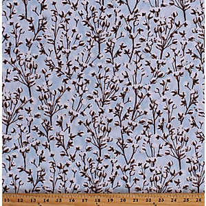 Fields FABRICS, 44 Inches Cotton Bolls Plants Southern Field of Cotton on Blue Cotton Fabric Print by The Yard (D768.51)