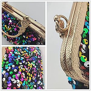 WIGUYUN Women Sequins Evening Handbag Glitter Top Handle Purse Chain Cross-body Bag Black