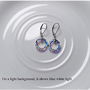 925 Sterling Silver Circle Earrings with Austria Crystal Leverback Dangle Earrings Hypoallergenic Jewelry for Women Mom (Aurore Borealis Crystal Earrings)