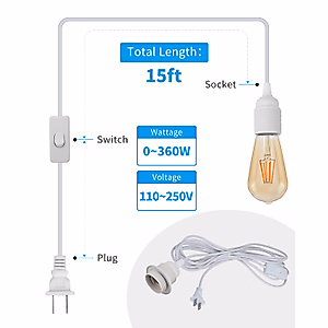 HUIBONA Plug in Hanging Light Cord,E26/E27 Extension Hanging Plug in Light Sockt, 2-Pack 15FT Pendant Light Socket Kits White for Kitchen Bedroom Farmhous.