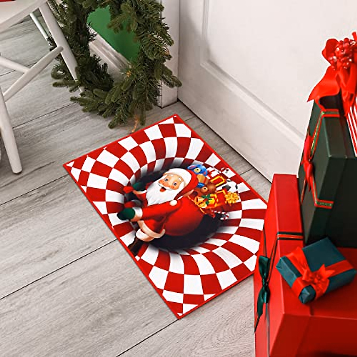 Illusion Christmas Door Mat Xmas Santa Claus with Gifts 3D Visual Vortex Red and White Plaid Rug for Christmas Front Door Non-Slip Welcome Entrance Door Mat Kitchen Home Bathroom Carpet Decorations