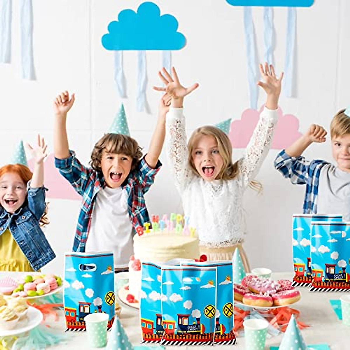 3sscha 50Pcs Train Party Favor Bag Transportation Themed Waterproof Goodie Bag with Die Cut Handles Railway Traffic Glossy Plastic Candy Gift Bags for Kids Birthday Baby Shower Decoration Supplies