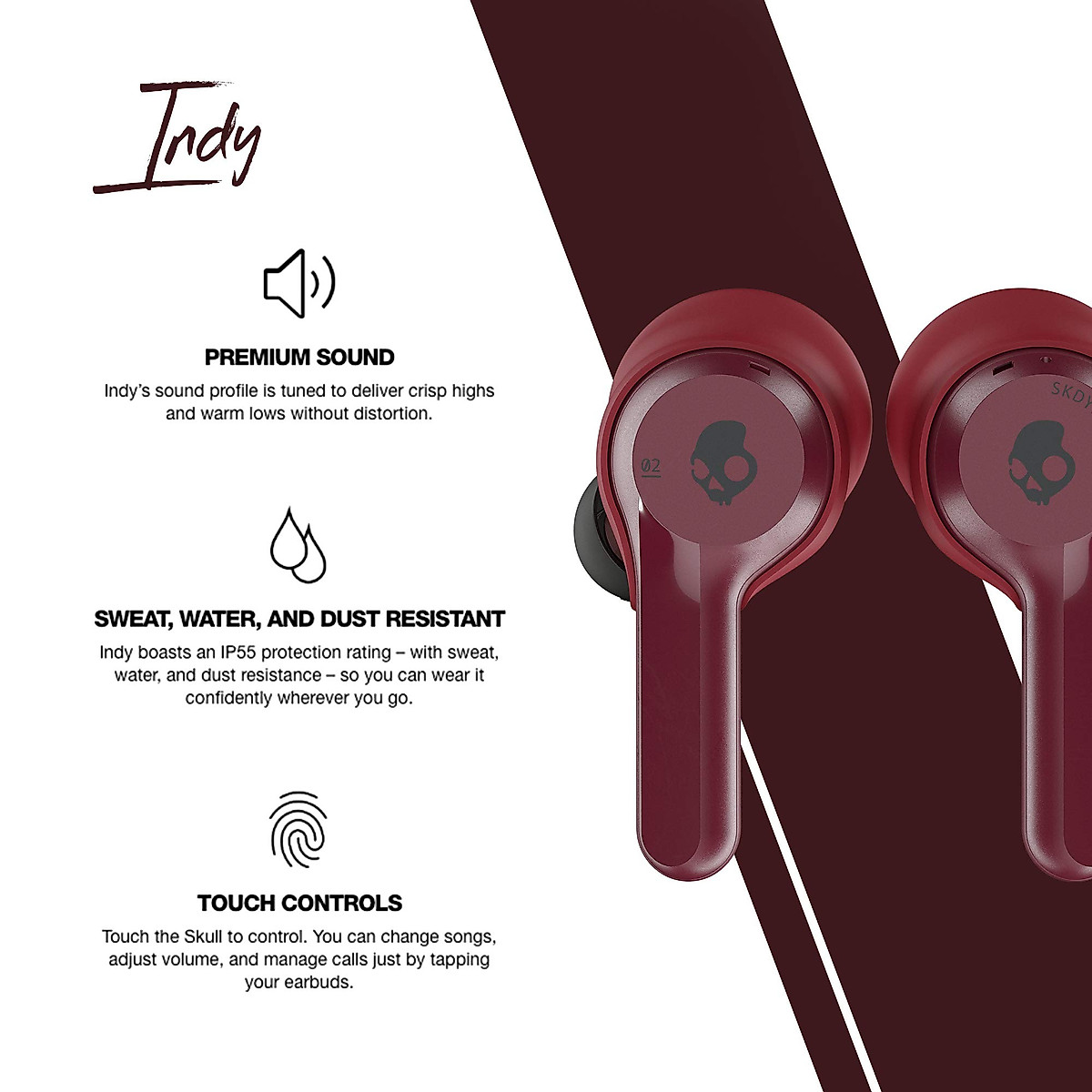 Skullcandy Indy True Wireless In-Ear Earbuds - Deep Red