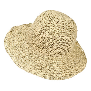 Womens Floppy Straw Sun Hat Foldable Packable Wide Brim Summer Beach Hat Crochet Bucket Hat (US, Alpha, One Size, Beige)