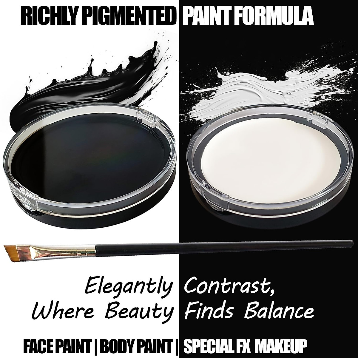 Jim&Gloria Black and White Face Paint + Painting Brush + UV Glow Tattoos, Sweatproof & Water Resistance Paints, Professional Palette Makeup Kit for Halloween SFX Costume Skeleton Clown Joker Mime