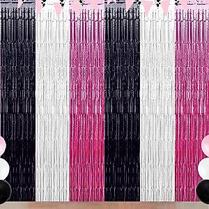 Pink Halloween Party Decorations, 3 Packs Pink Black White Backdrops Streamer Foil Fringe Tinsel Curtains, Cow Print Photo Booth Props for Girl Halloween Cow Print Birthday Party Decorations