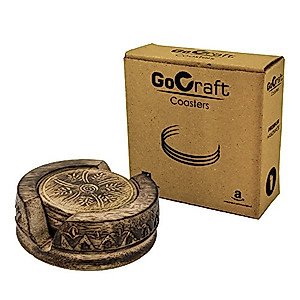 GoCraft Wooden Coasters Set of 6 | Handmade Drink Coasters with Lotus Shaped Holder in Rustic Wood Design Carving