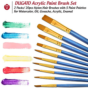 Paint Brushes Palettes Set by DUGATO, 2 Packs/20pcs Round Pointed Tip Nylon Hair Brushes with 5 Paint Trays for Acrylic Watercolor Oil Gouache Tempera and Body Painting