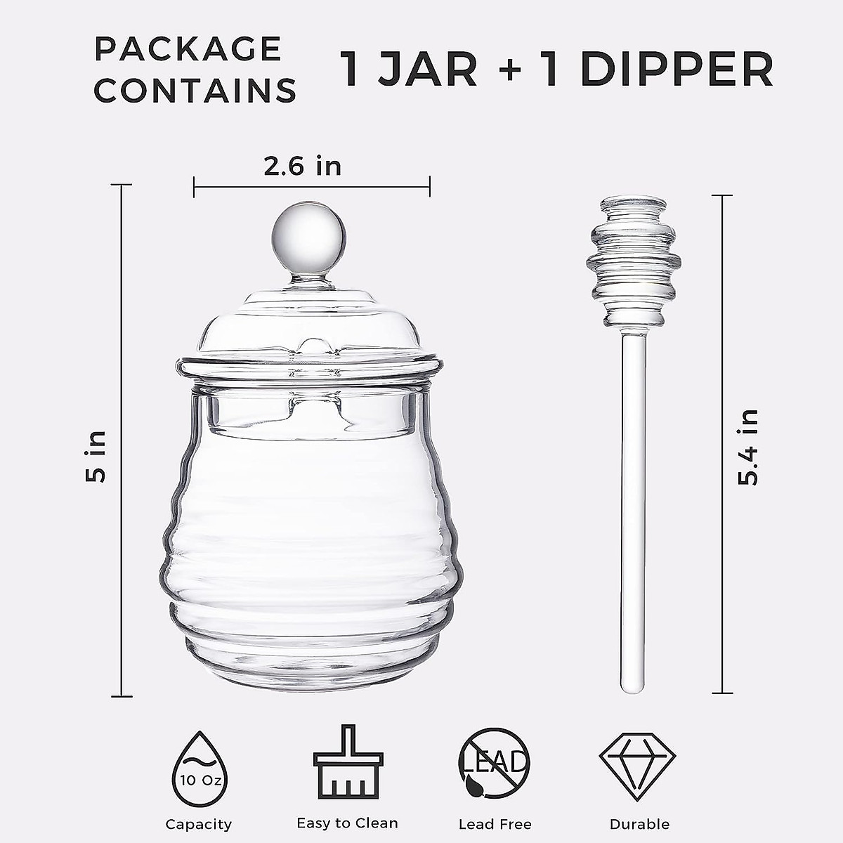 GMFINE Glass Honey Jar with Dipper Stick, Beehive Honey Pot Containers with Dipper and Lid Set for Storing Honey and Syrup, 10 oz, Clear