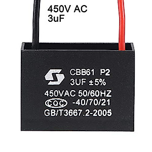 uxcell Ceiling Fan Capacitor CBB61 3uF 450V AC 2 Wires Metallized Polypropylene Film Capacitor 43x31x18mm for Electric Fan Pump Motor Generator 2Pcs