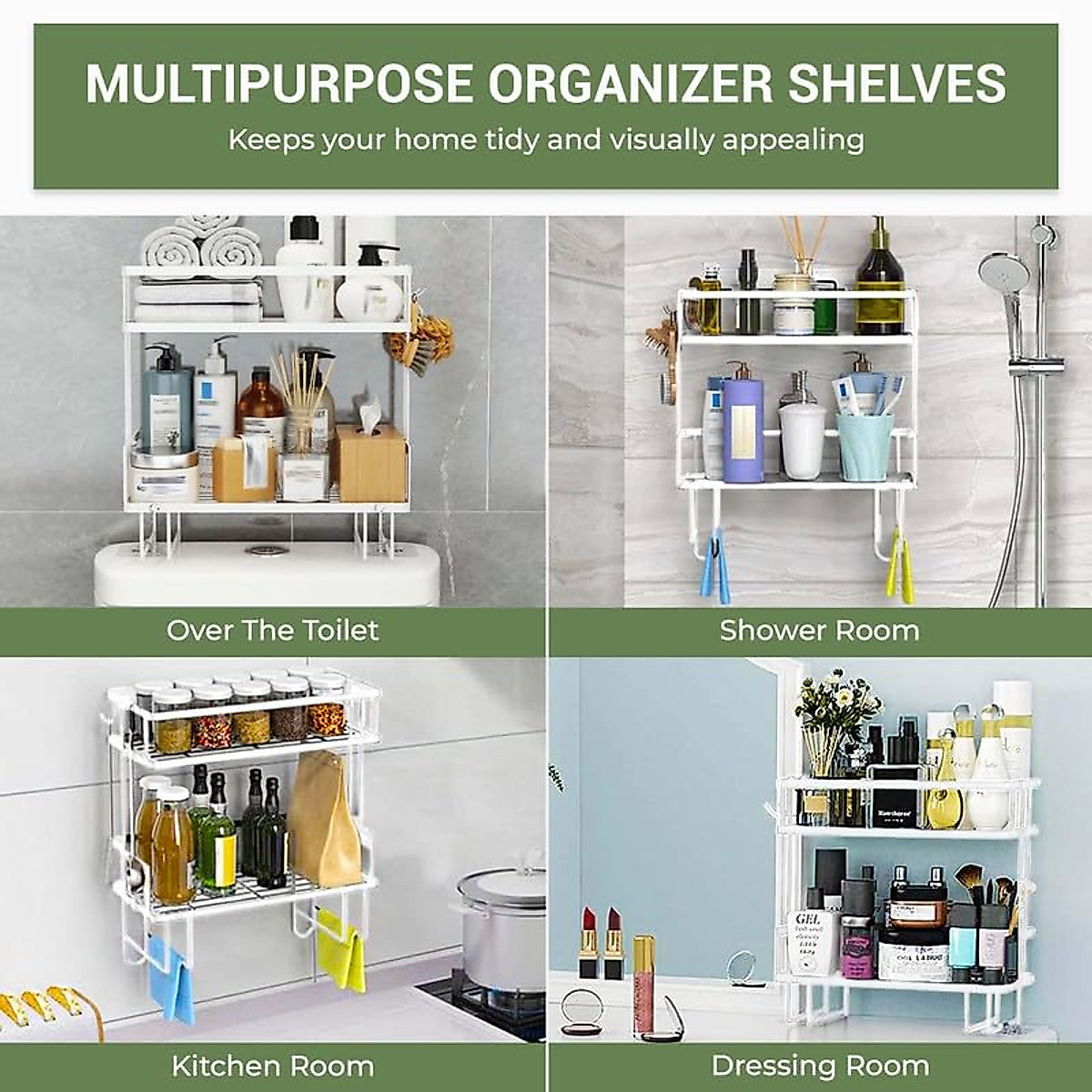 DINEST 2 Tier Over the Toilet Storage Shelf, Anti Resistant bathroom shelf over toilet organizer, Multifunctional No Drilling above toilet storage with Wall Mounting Design - White