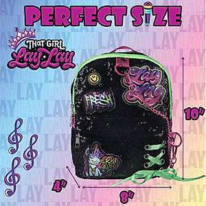 That Girl LayLay Mini Backpack PURSE for Girls, 10 inch, Sequin Material with Lace Up Grommet Details & Appliqued Patches, Adjustable Shoulder Straps, Light Weight Travel bag for kids