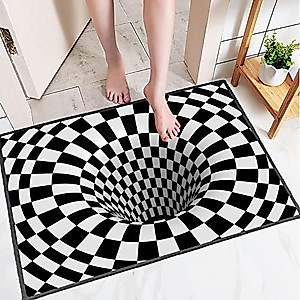 GAGNONLEE 3D Vortexes Illusion Carpet Black White Plaid Square Rugs 3D Visual Optical Floor Mat for Bedroom Livingroom Home Decor Non-Slip Area Rug 24 x 16 inch, 24'x 16'（60x40cm）