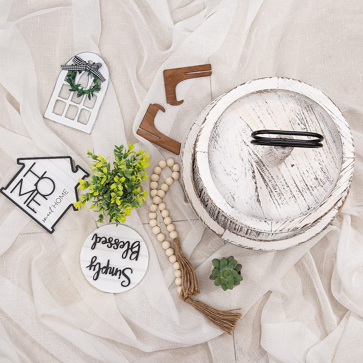 Houmury Set of 9 Farmhouse Tiered Tray with Tier Tray Decor 1 Artificial Succulent Plant & 1 Artificial Plant for Rustic Home Sweet Home Kitchen Decor Tier Tray Decor Set (Set of 9-with Tiered Tray)