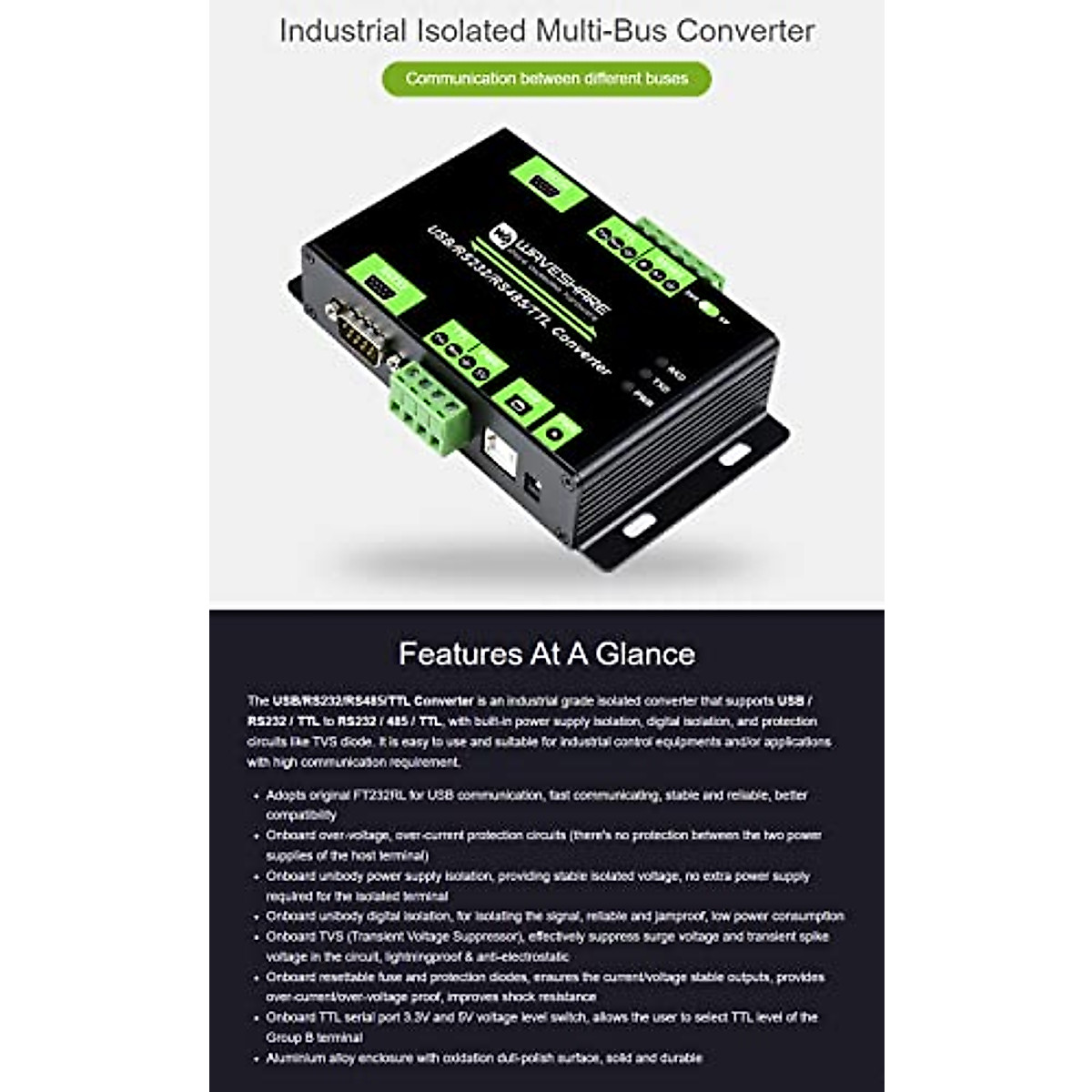 waveshare Industrial Isolated Multi-Bus Converter USB / RS232 / RS485 / TTL Communication Between Different Buses