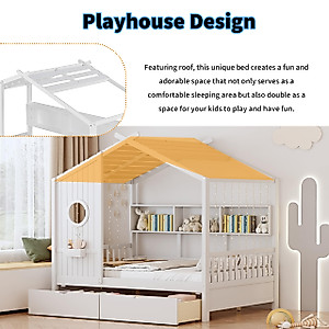 Linique Wooden Full Size House Bed with 2 Drawers and Storage Shelf,Full Platform Bed Frame with Pitched Roof,White