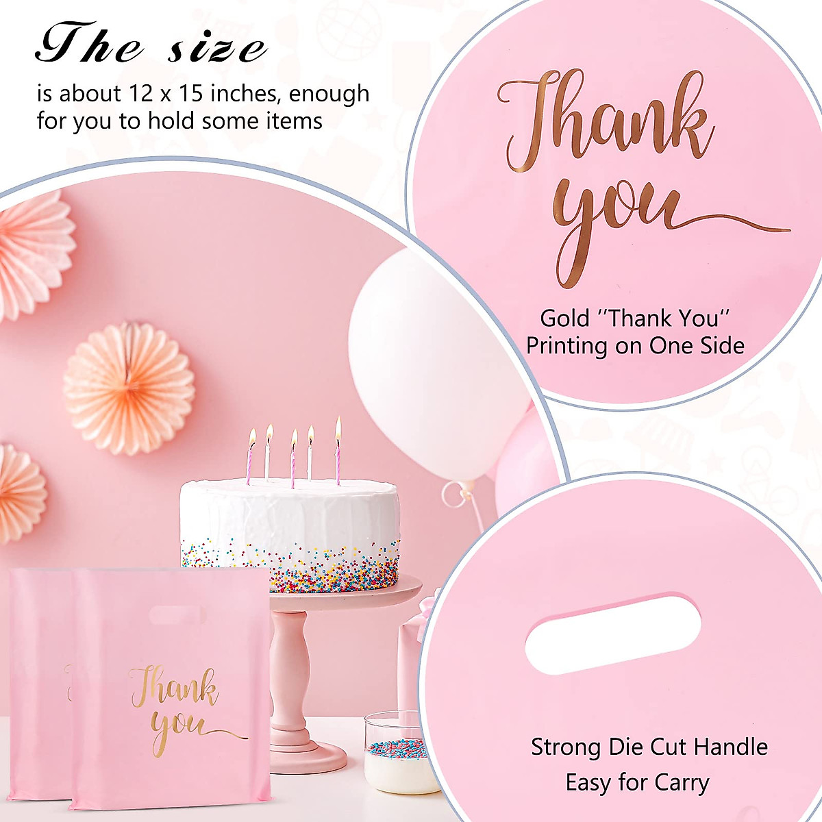 200 Pieces Plastic Thank You Bags Plastic Shopping Bags for Small Business Pink Gift Bags with Handles Merchandise Bags with Gold Thank You Logo for Party Stores Business Gift Supplies (12 x 15 Inch)
