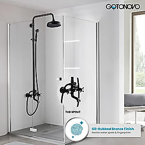 gotonovo Oil Rubbed Bronze Bathroom Luxury Shower Faucet Rain Mixer 8 Inch Round Head Double Cross Handle Bathroom Hand Spray with Tub Spout Wall Mount Bathroom Fixtures
