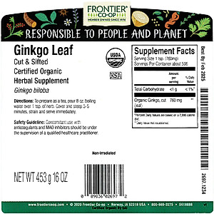 Frontier Co-op Organic Ginkgo Leaf, 1lb Bulk Bag, Cut and Sifted | Dried Ginkgo Biloba Leaf | Ideal for Tea and Herbal Uses, Kosher