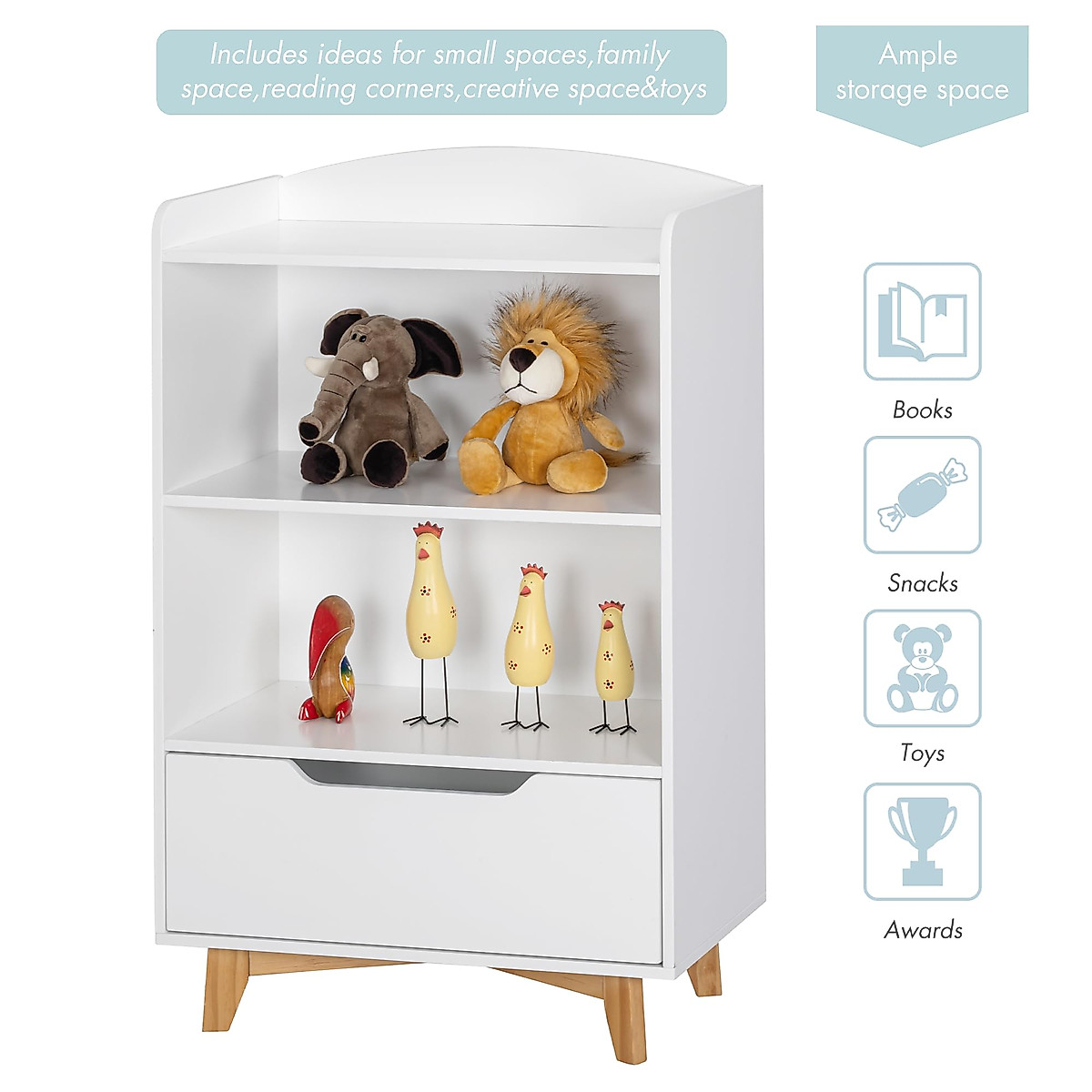 UTEX Kids Bookshelf, Children Bookcases with Storage and Drawer, Wood Kids Toy Storage Organizer for Playroom,Bedroom, Nursery School, White