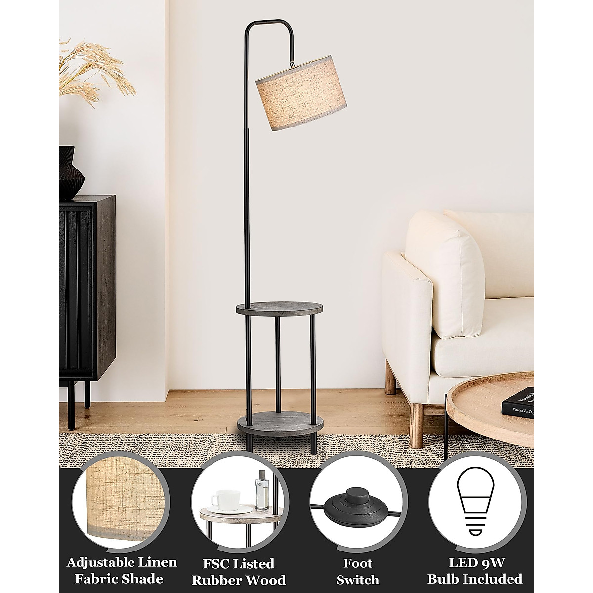 ELYONA Modern Floor Lamp with End Table, Rubber Wood Bedside Table Lamp with Adjustable Drum Shade, Rustic Tall Pole Shelf Reading Standing Light for Farmhouse Bedroom, Living Room, Office - Walnut