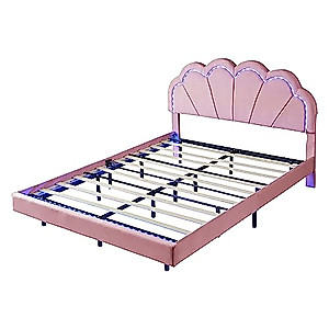 Merax Modern Upholstered Velvet Platform Bed with Led Wingback Headboard/No Box Spring Needed/Easy Assembly Queen, Pink