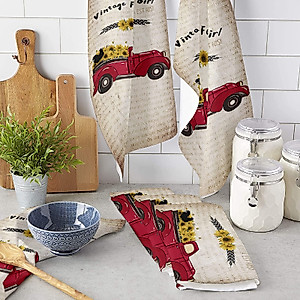 Kitchen Dish Towels 2 Pack-Super Absorbent Soft Microfiber,Vintage Farm Girl Old Truck Sunflowers Newpaper Cleaning Dishcloth Hand Towels Tea Towels for Kitchen Bathroom Bar