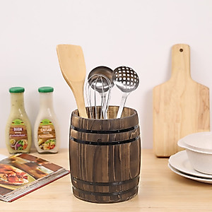 MyGift Wine Barrel Design Kitchen Utensil Crock, Vintage Rustic Burnt Wood Cooking Tool Holder