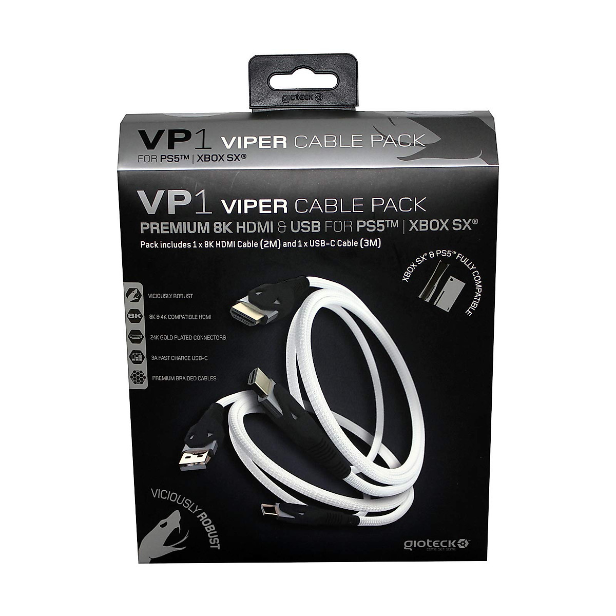 Gioteck Viper Pack - Gaming Cable HDMI PS5/Xbox Series x Premium 2.1 8K and USB C Fast Charge, 3 m Nylon Cable with 24K Connectors - Compatible with PS4/PS5/Xbox One/Series/PC - White