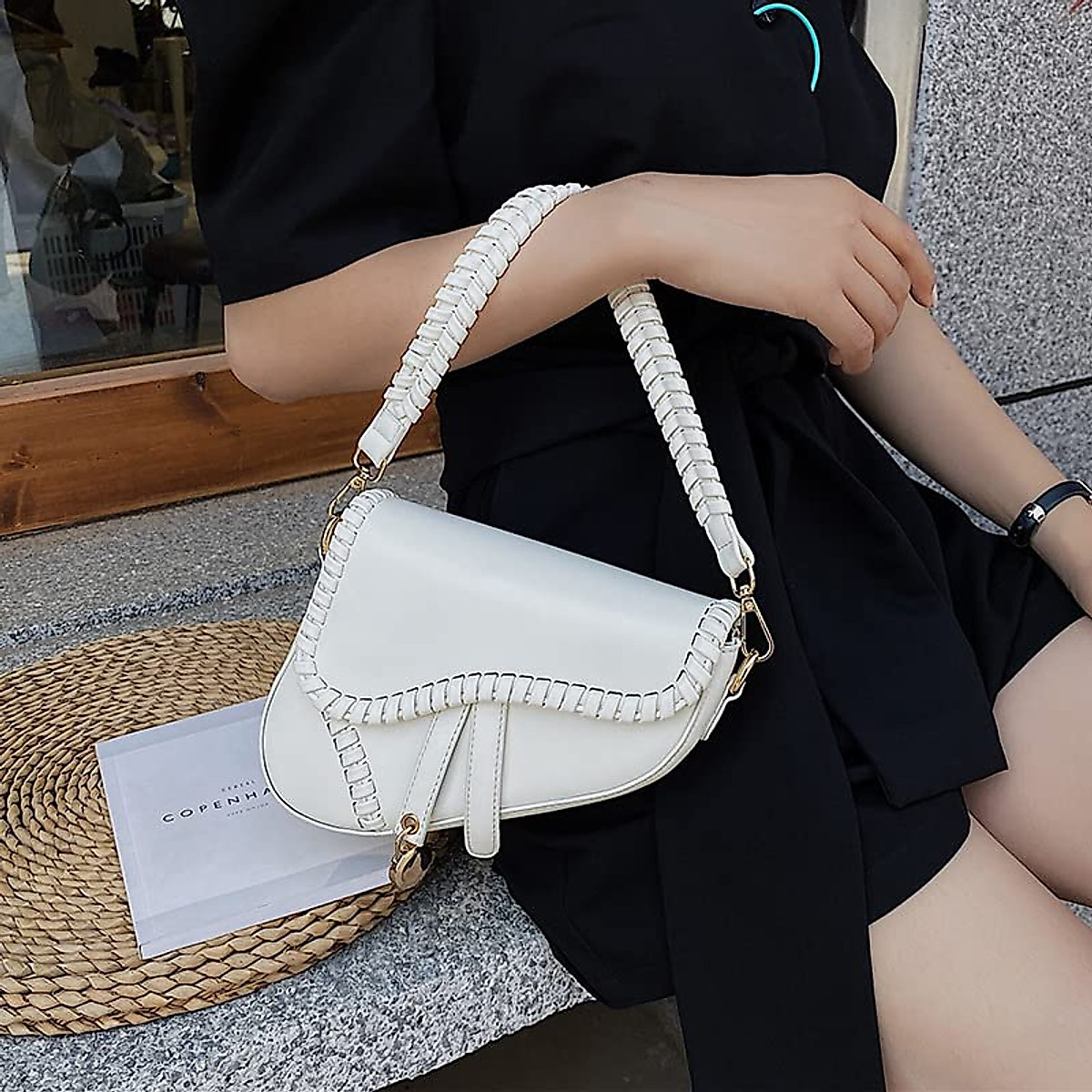 Women Saddle Shoulder Bag Trendy Clutch Purse Underarm Handbag Zipper Crossbody Bag Satchel Bags Handbag PU Leather (White)