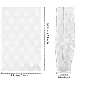 JOERSH 8.1" x 5" Bottom Gusset Clear Plastic Cookie Bags with Ties 200 Pack, White Polka Dots Pattern Small Candy Bags Treat Bags for Muffin Bakery Packaging