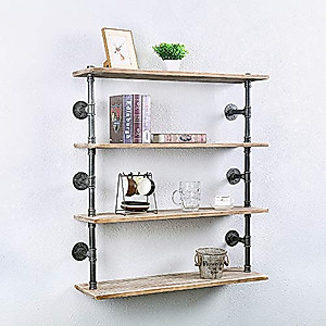 GWH Industrial Pipe Shelf Wall Mounted,Steampunk Real Wood Book Shelves,4 Tier Rustic Metal Floating Shelves,Wall Shelving Unit Bookshelf Hanging Wall Shelves,Farmhouse Kitchen Bar Shelving(36in)