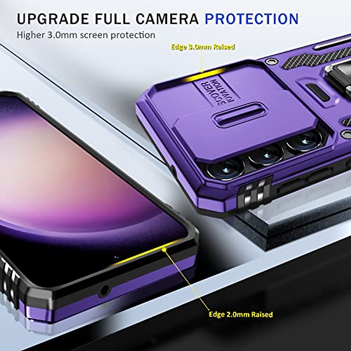 BaHaHoues for Samsung Galaxy S23 Case with Slide Camera Cover for Samsung S23 Case with 360° Rotatable Magnetic Kickstand Ring, Military Grade Shockproof Protective Case for Galaxy S23 5G (Purple)