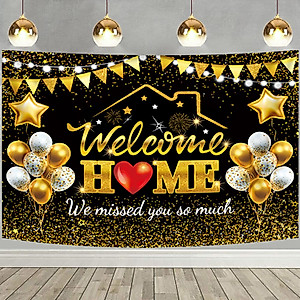Gold and Black Welcome Home Banner Family Reunion Backdrop Welcome Home Decorations We Missed You So Much Decorations Welcome Back Banner Welcome Sign for Party Supplies 7x5FT