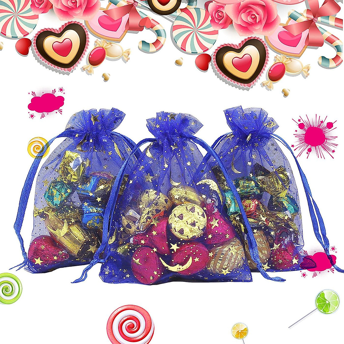 SUNGULF 100Pcs Sheer Organza Drawstring Pouches Stars and Moon Wedding Gift Bags Blue Color 4x5 Inches