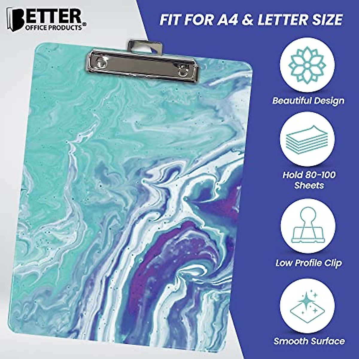 Fashion Clipboard, Abstract Art Design, Standard A4 Letter Size, 12.5" x 9", Wooden Clipboard, Low Profile Clip with Retractable Hanging Tab, Decorative Clipboard, by Better Office Products (Aqua)