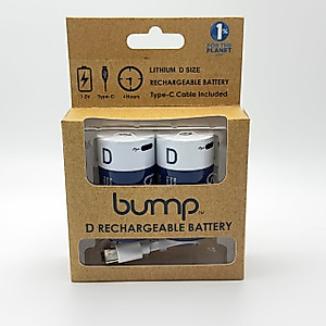 bump D 1.5V Rechargeable Batteries - 2 Pack - Lithium Ion, 12000 mWh, Fast & Long Lasting USB-C Charge, Use in Flashlights, Devices w/Extended Running Time Requirements, Charger Cable Included